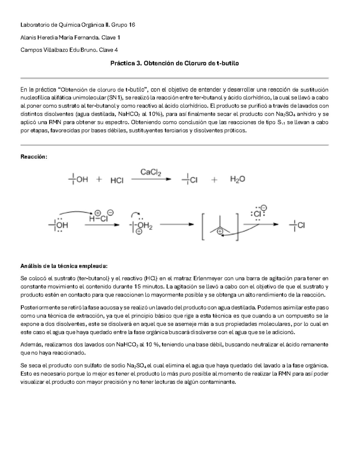 Práctica 3: Síntesis y Análisis de Cloruro de t-butilo - Química ...