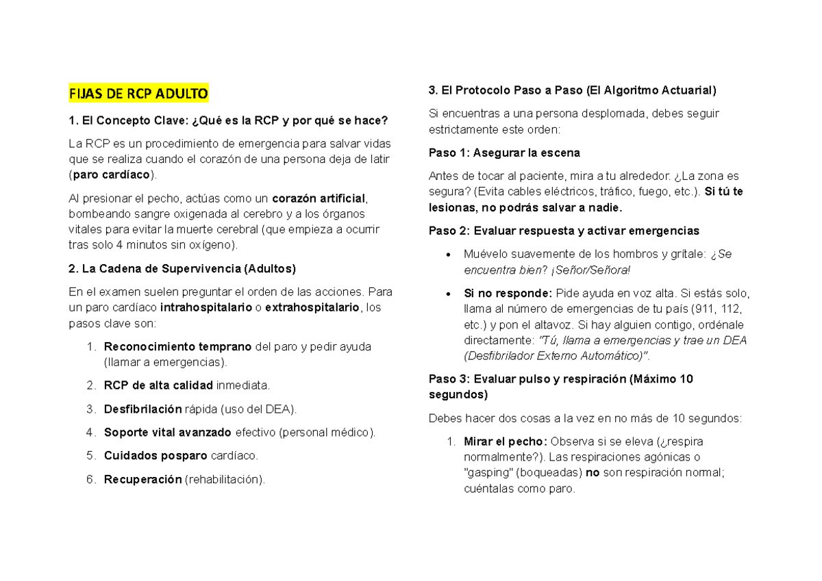 FIJAS DE RCP ADULTO 3: Protocolo Paso a Paso y Algoritmo - Studocu