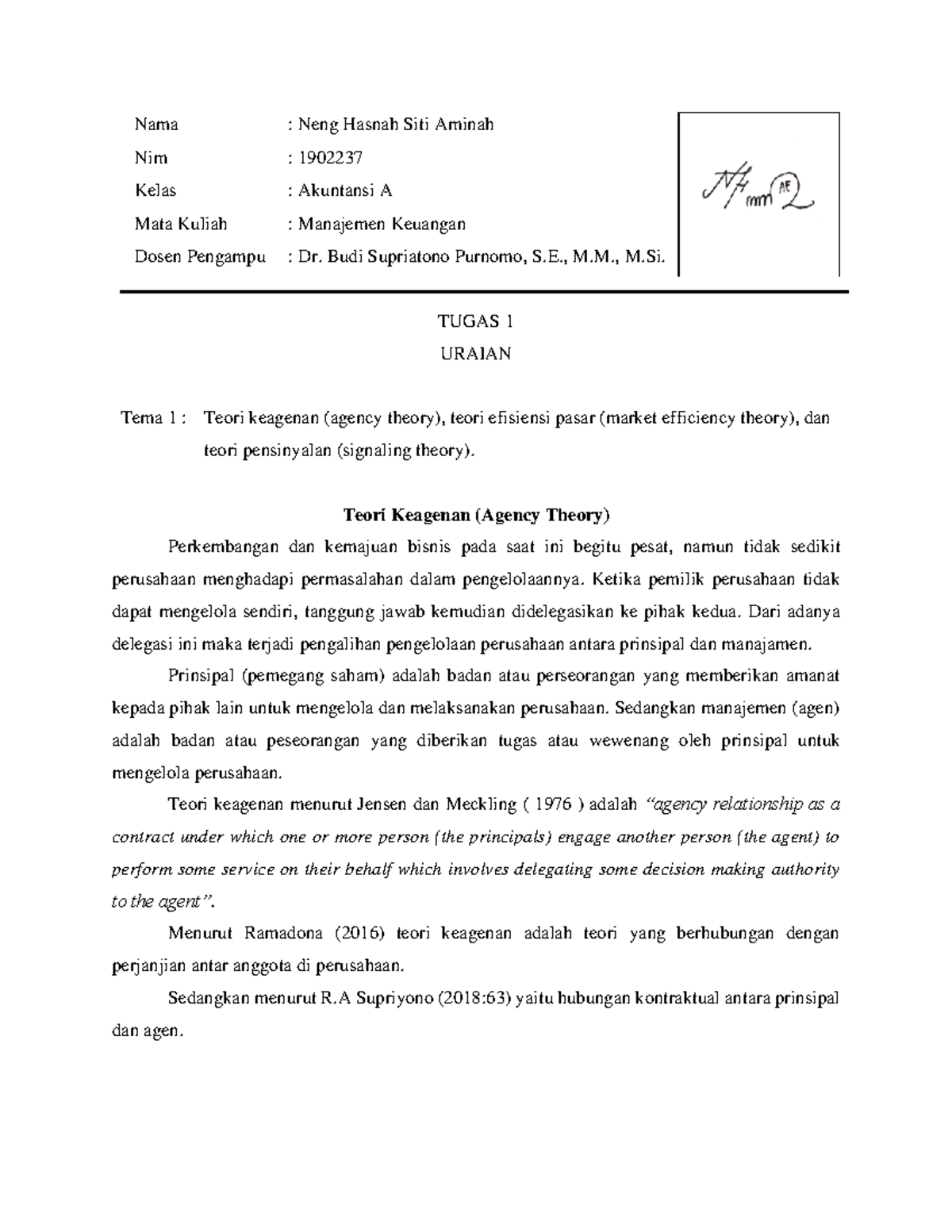 Teori Keagenan, Efisiensi Pasar, dan Pensinyalan dalam Manajemen ...