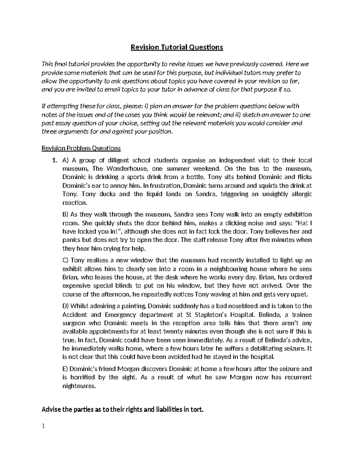 Final Revision Tutorial Questions for Tort Law (LAW101) - Studocu