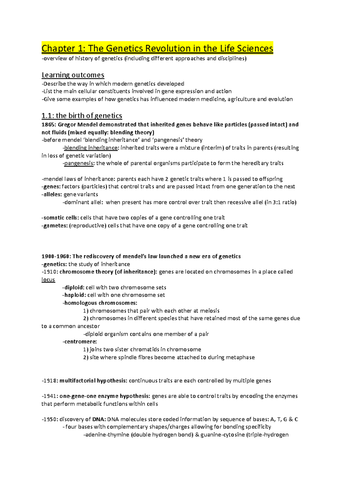 GEN 101 Lecture Notes: The Genetics Revolution and Inheritance ...