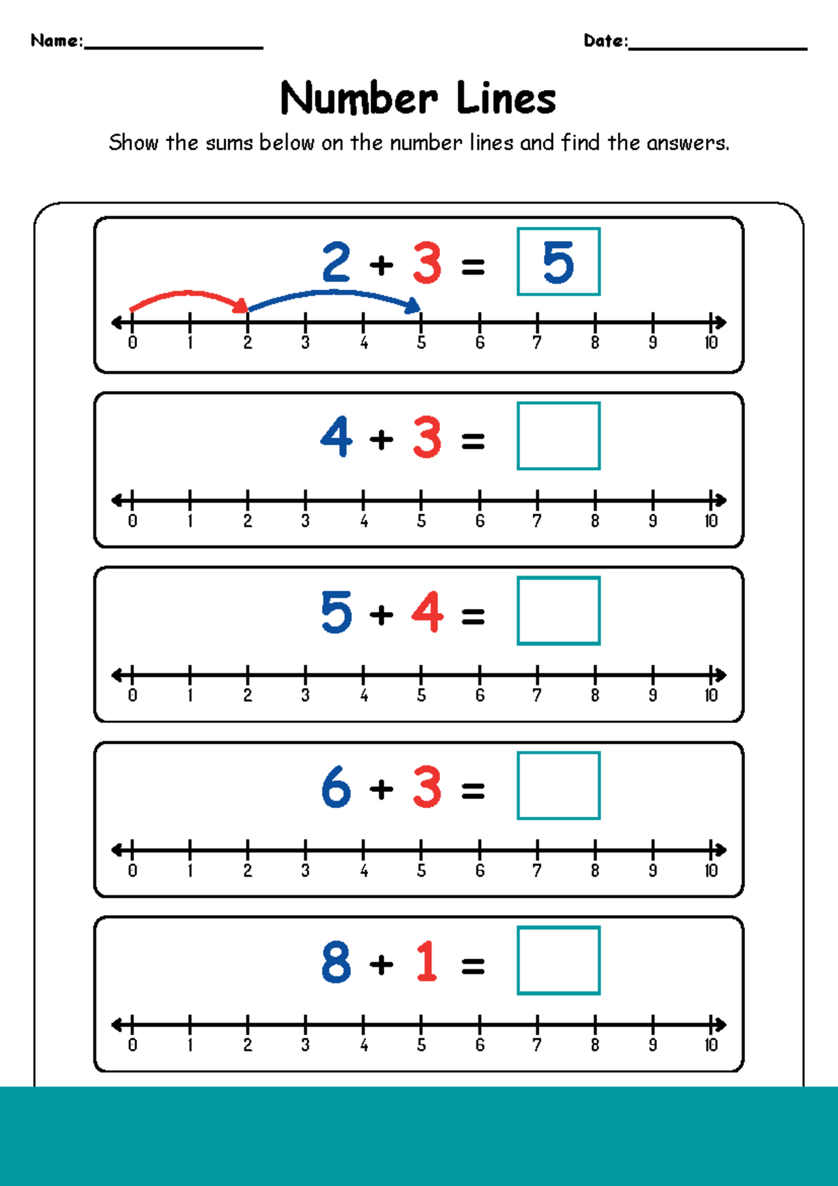 Number Line Addition - 2nd Grade Worksheet - Name: Date: 2 + 3 Show the ...