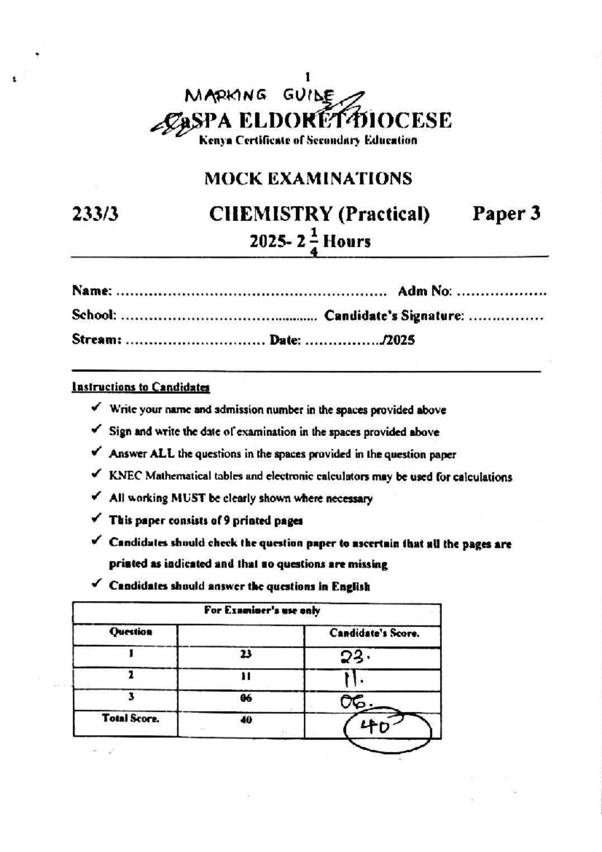CaSPA CHE P3 Mock Exam Marking Guide - 2025 - Studocu