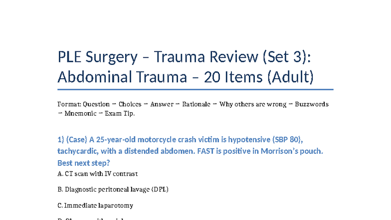 PLE Surgery Trauma Review Set 3: Abdominal Trauma Questions & Answers ...