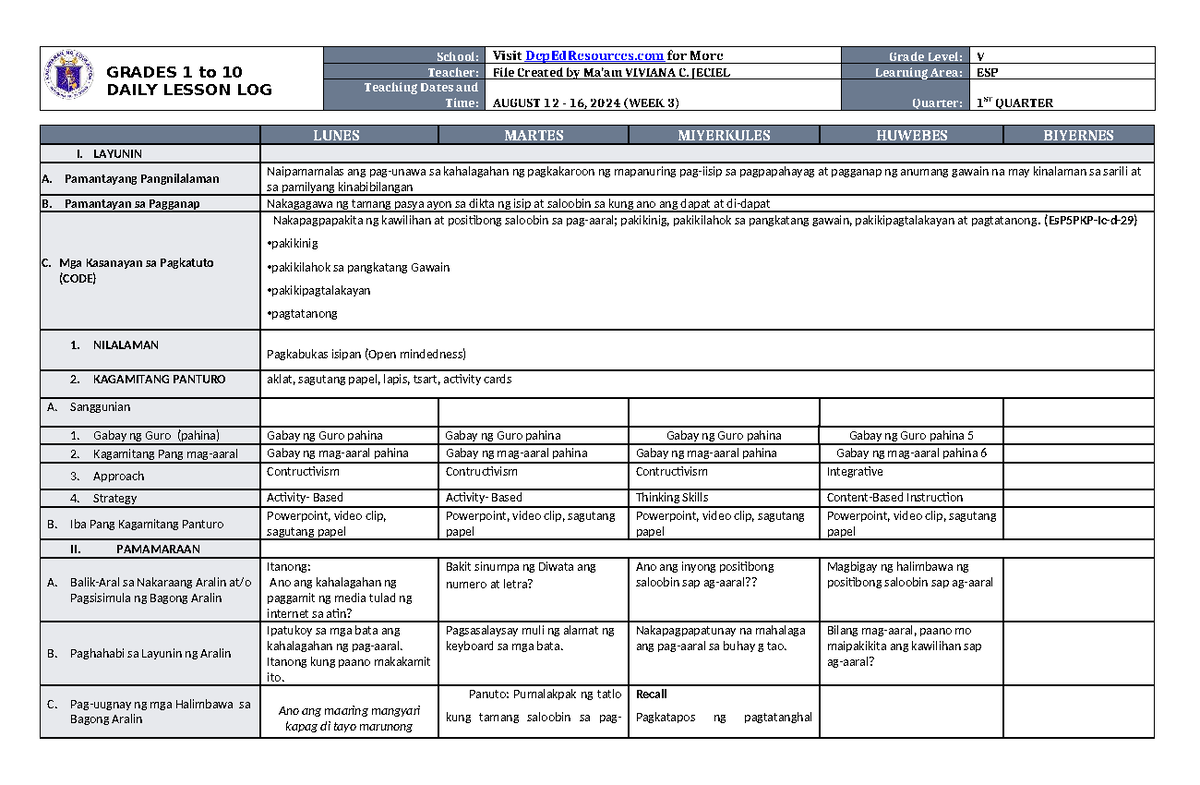 DLL ESP 5 Q1 W3: Daily Lesson Log for Grades 1-10 - Studocu