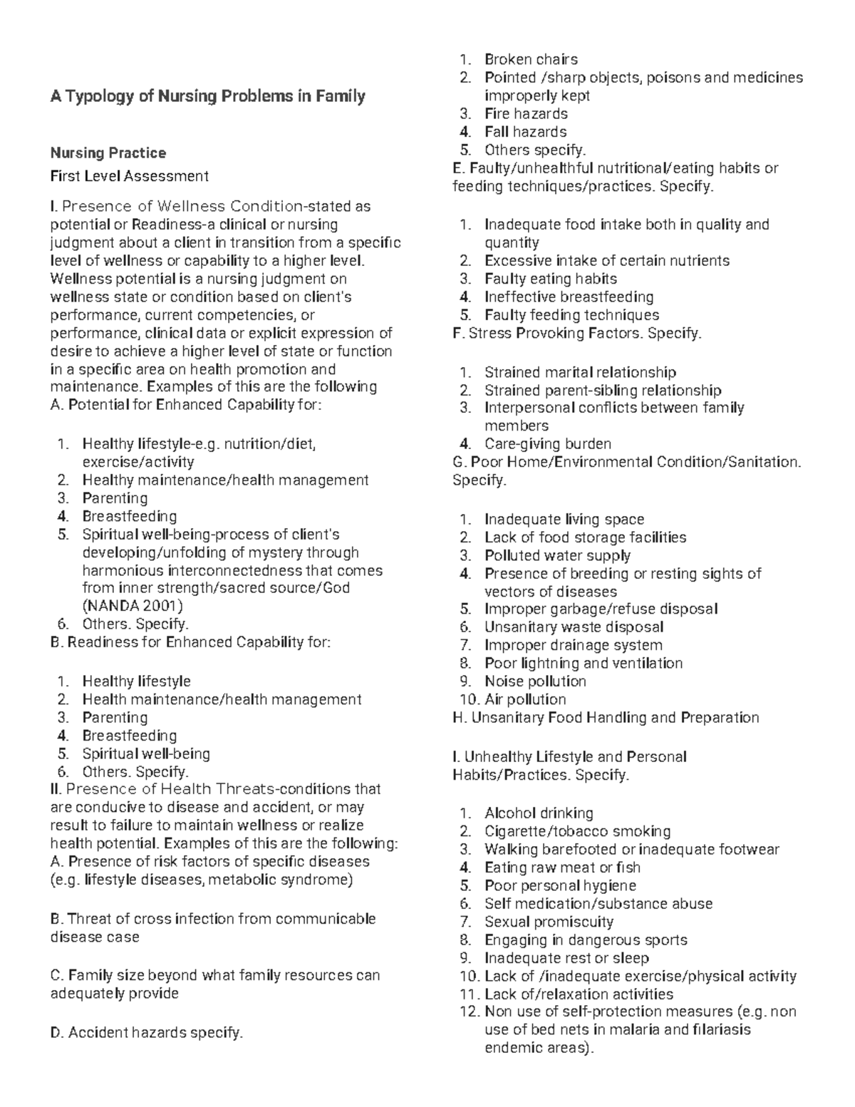 Nursing Problems in Family Practice: Assessment I & Wellness Potential ...