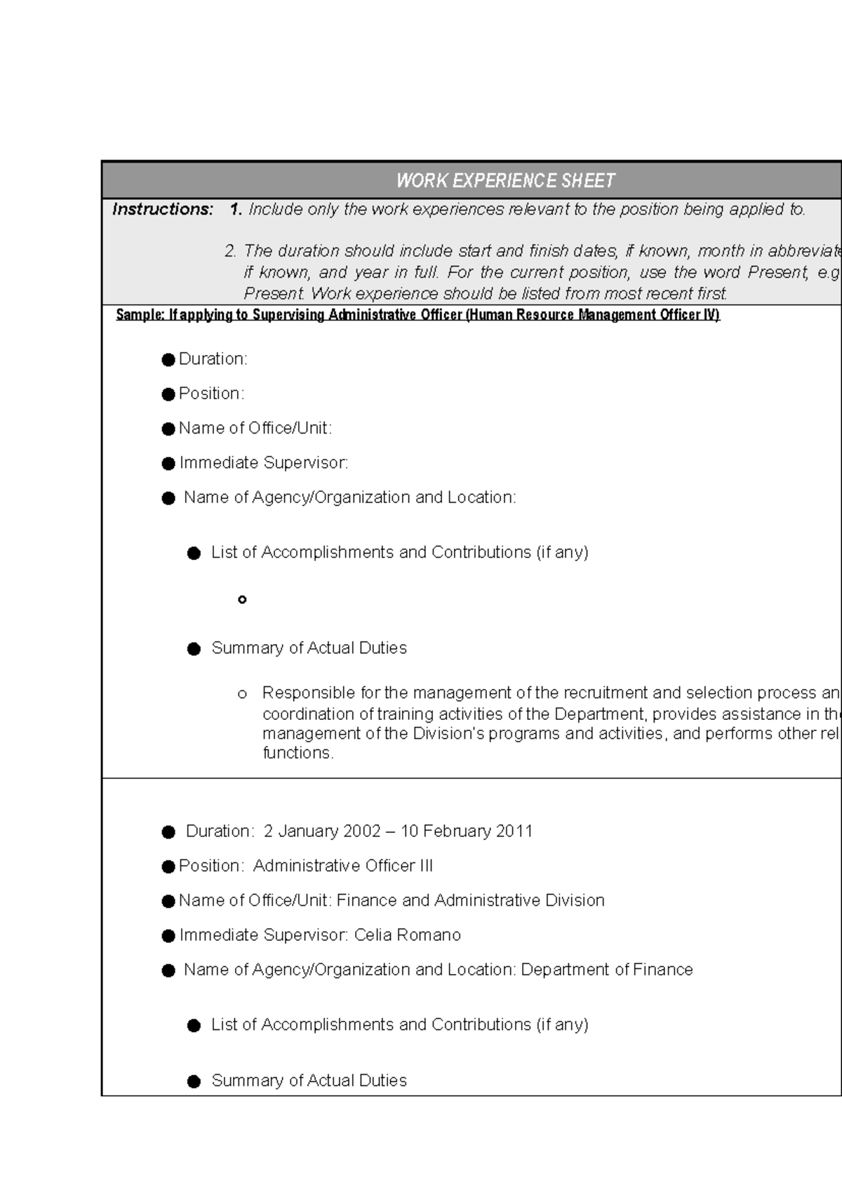 CS-Form-No: Work Experience Sheet for Job Applications - Studocu