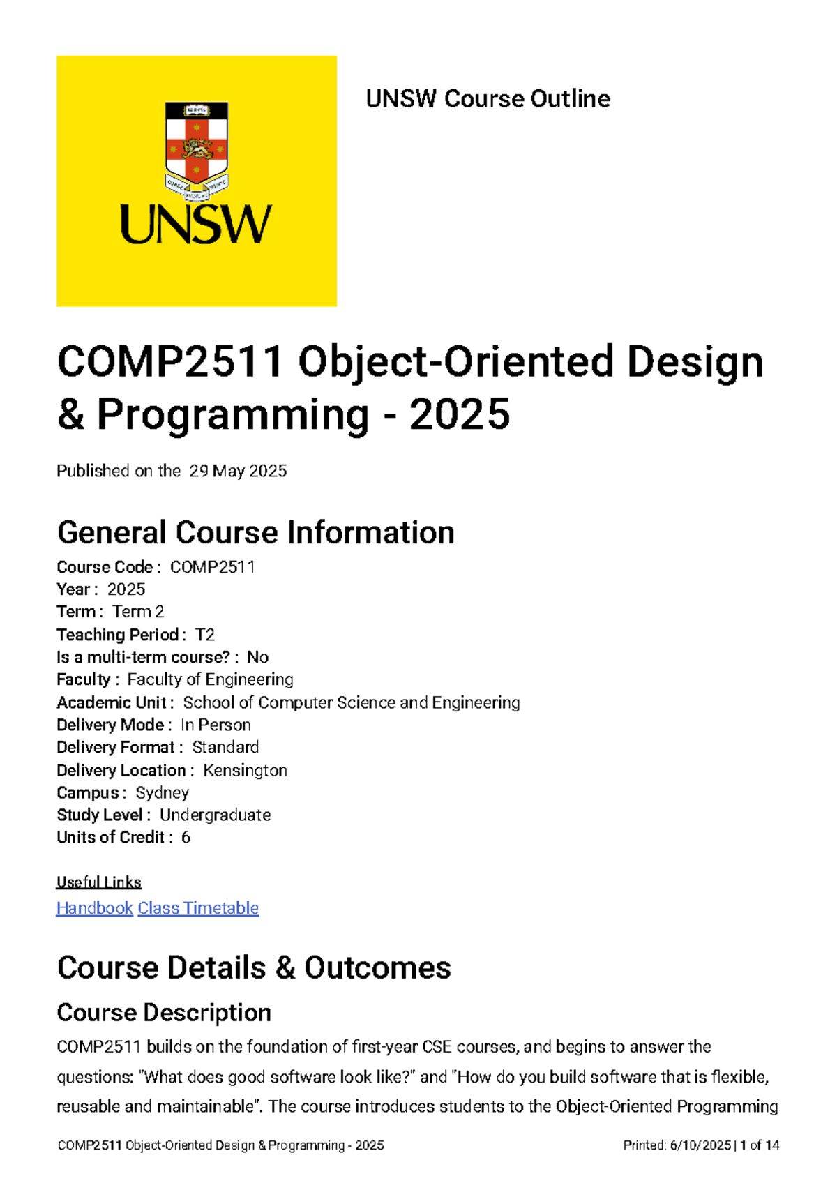 COMP2511 Course Outline: Design Programming 2025 - Term 2 Details - Studocu