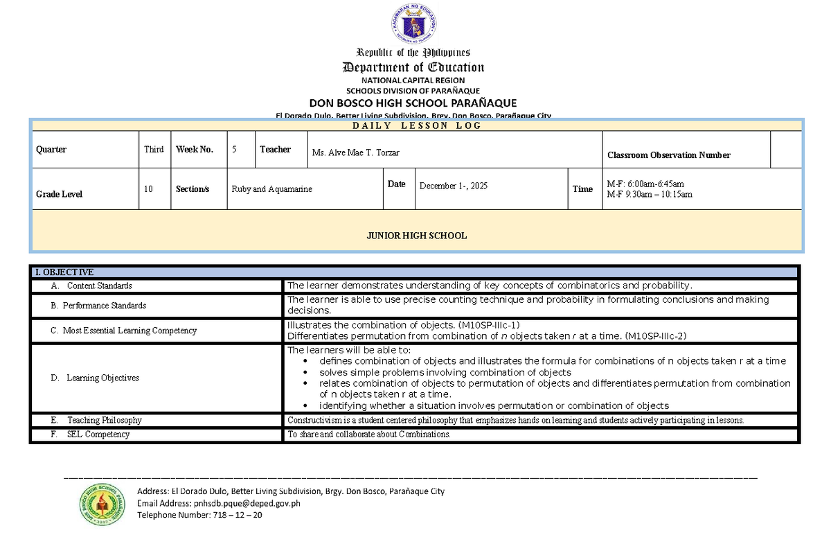Q3 W5 - Math 10 Lesson Log on Combinations & Permutations - Studocu