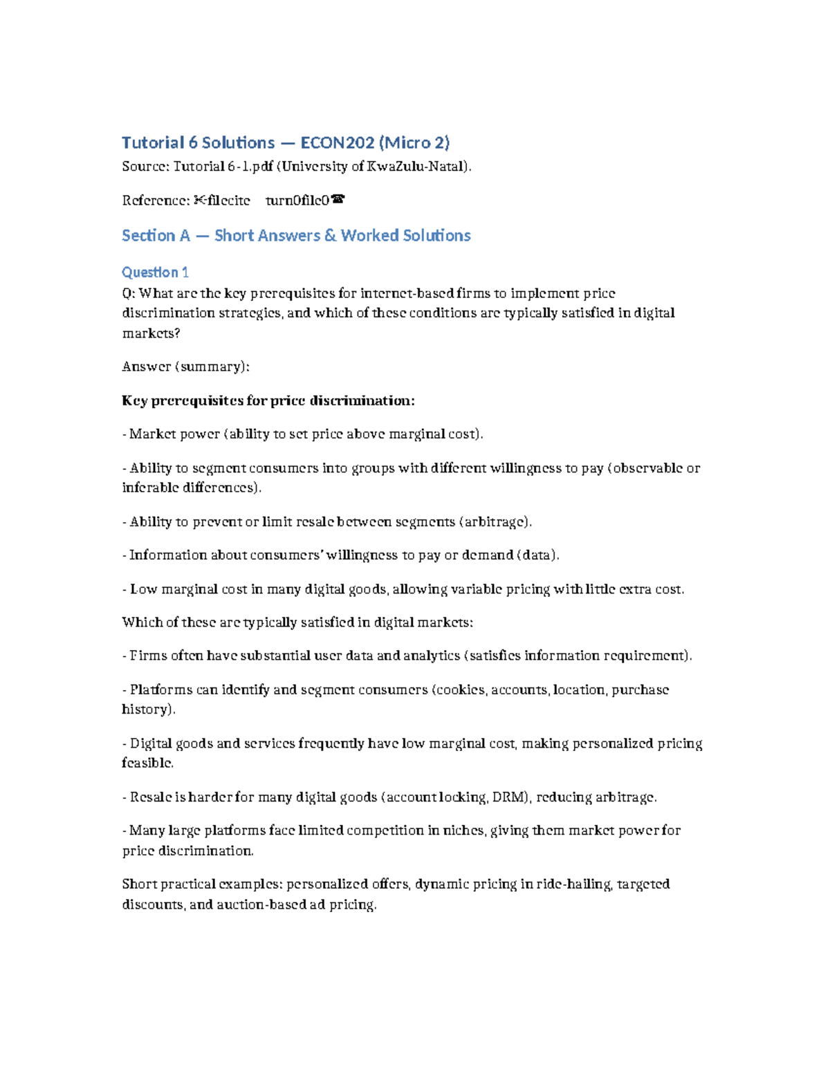 Tutorial 6 Solutions ECON202 (Micro 2) - Price Discrimination Insights ...