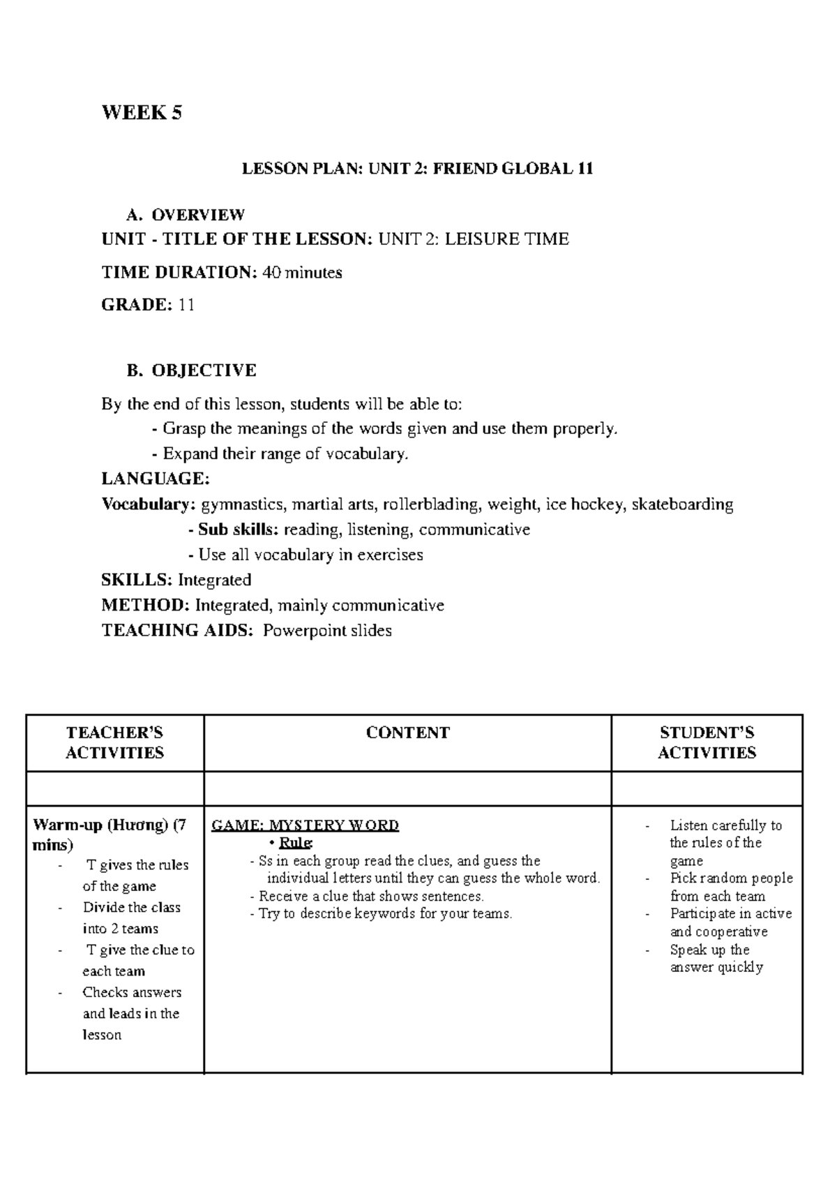 WEEK 5 - Mô tả - WEEK 5 LESSON PLAN: UNIT 2: FRIEND GLOBAL 11 A ...