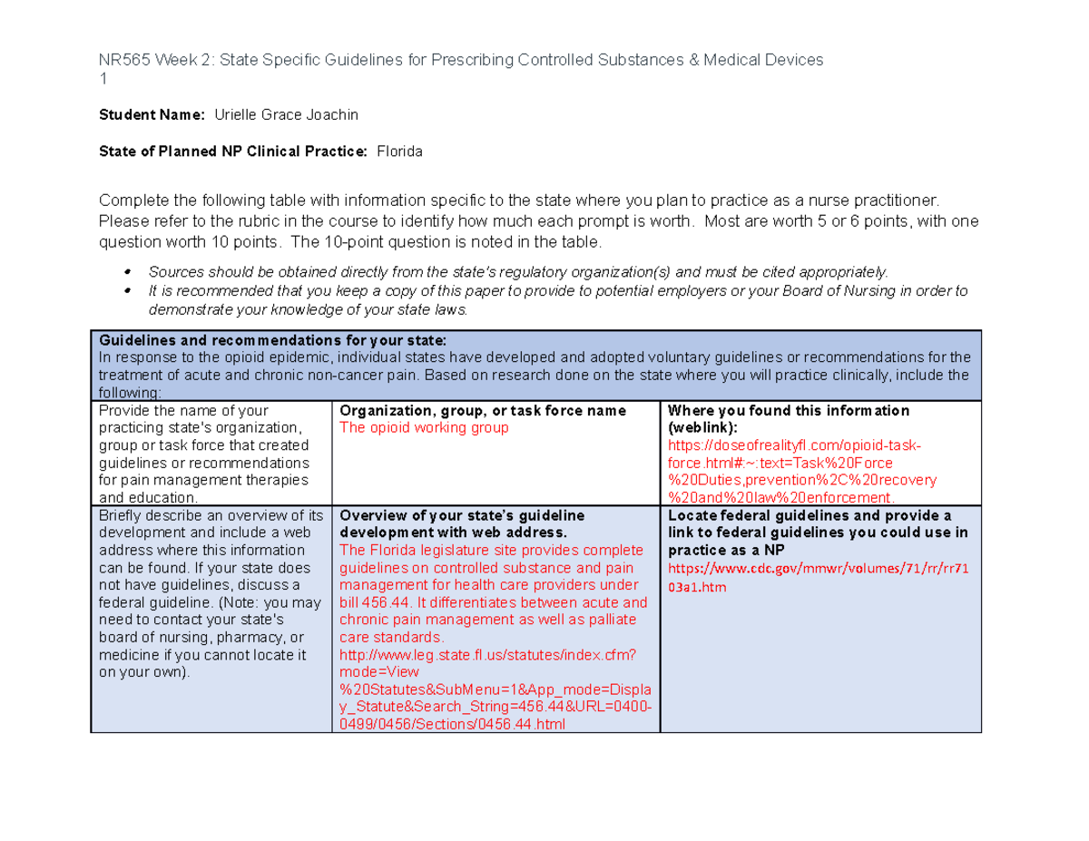 NR565 Week 2 NP Clinical Guidelines for Controlled Substances in FL ...