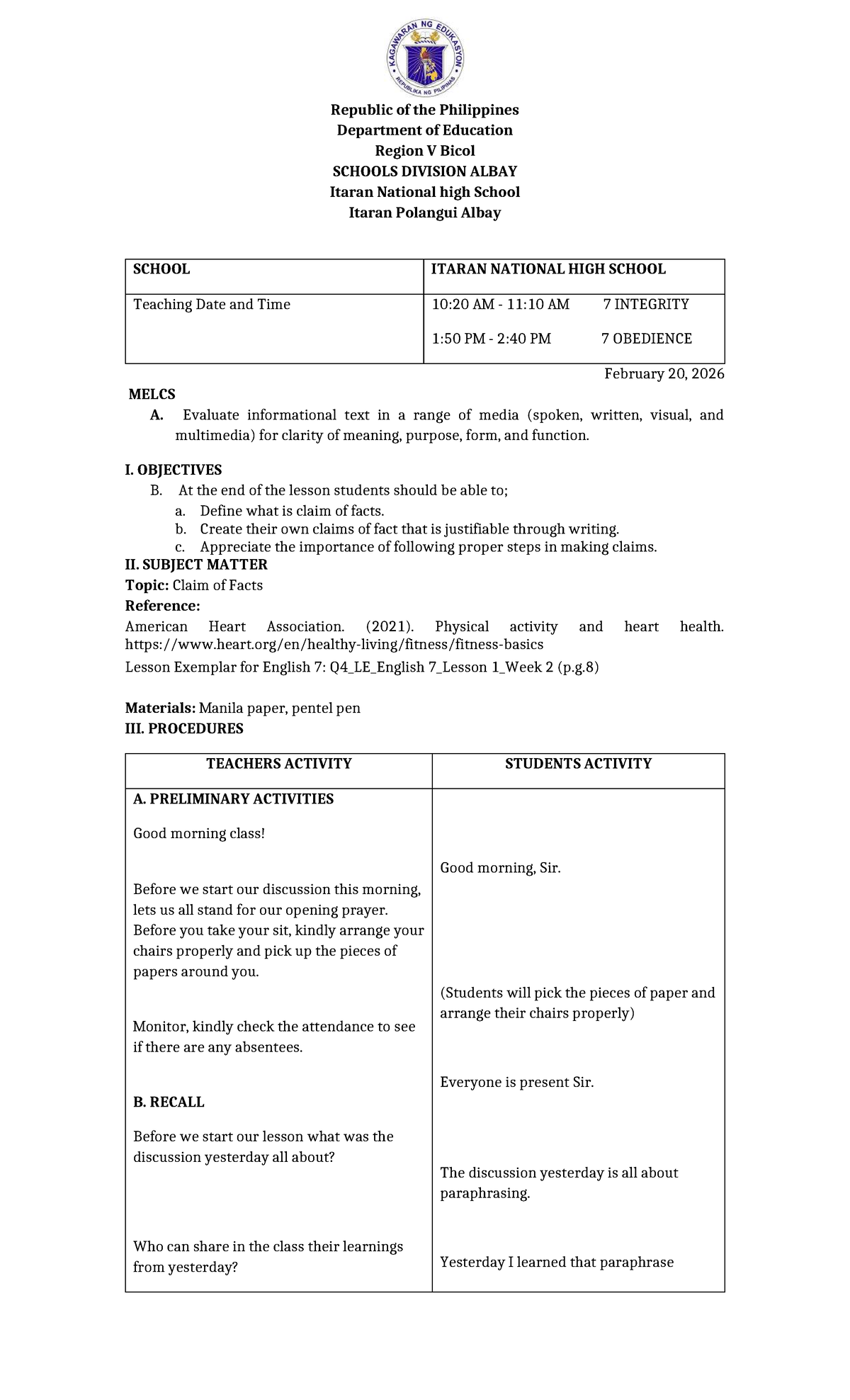 Claim of Fact: Detailed Lesson Plan for English 7 (Q4_LE) - Studocu