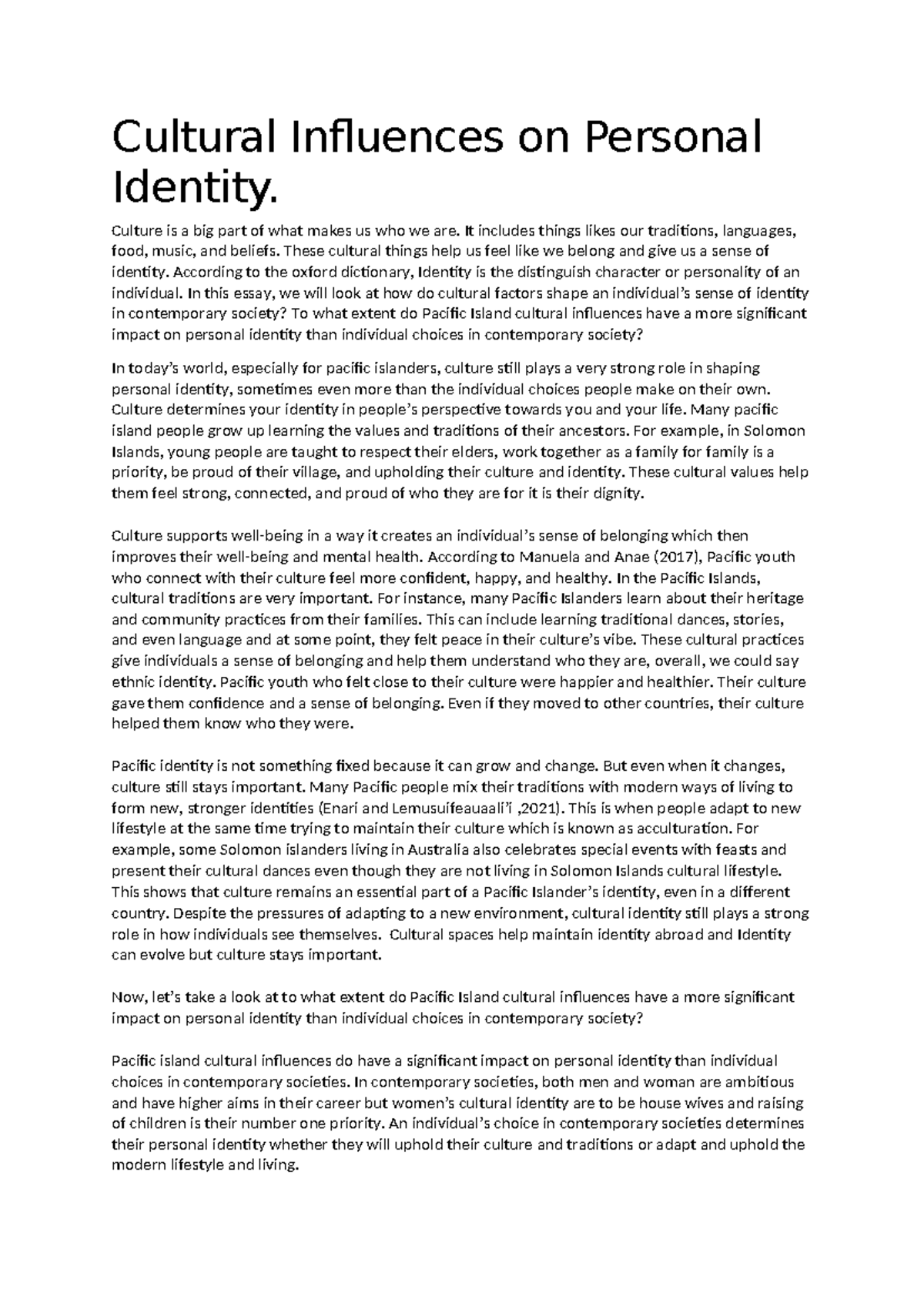 UU114 Cultural Influences on Personal Identity Essay - Studocu