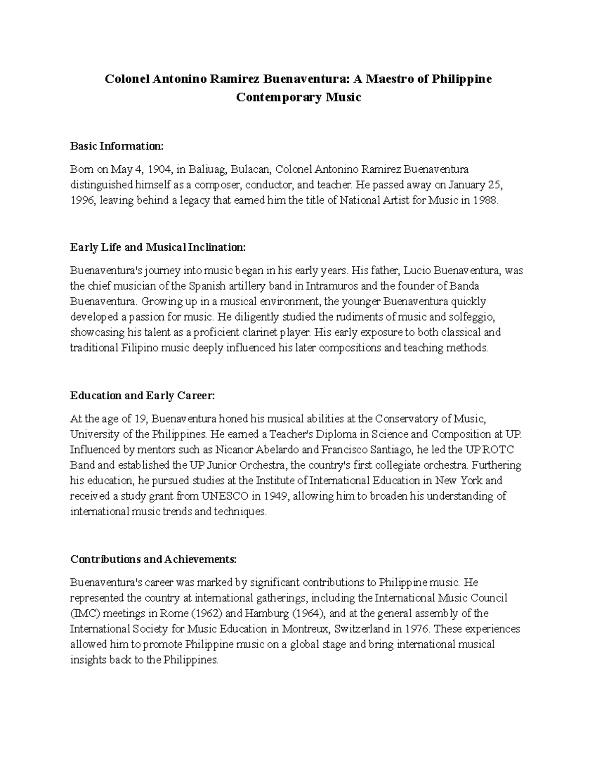 Colonel Antonino Ramirez Buenaventura: Legacy in Philippine Music - Studocu