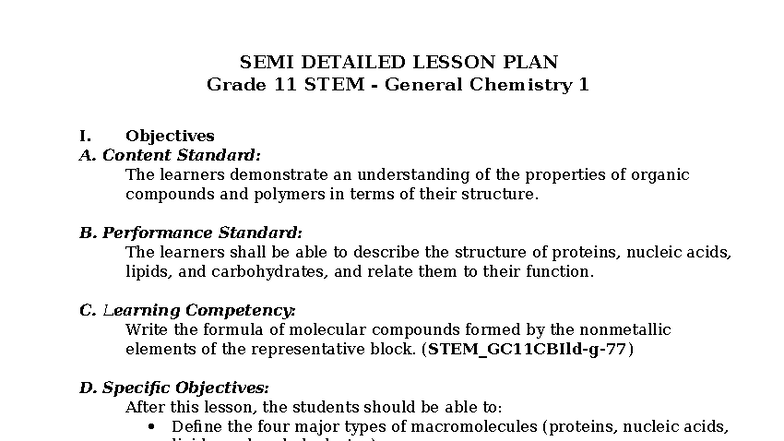 SEMI DETAILED LESSON PLAN G11 STEM: Structure & Function of Macromolecules - Studocu
