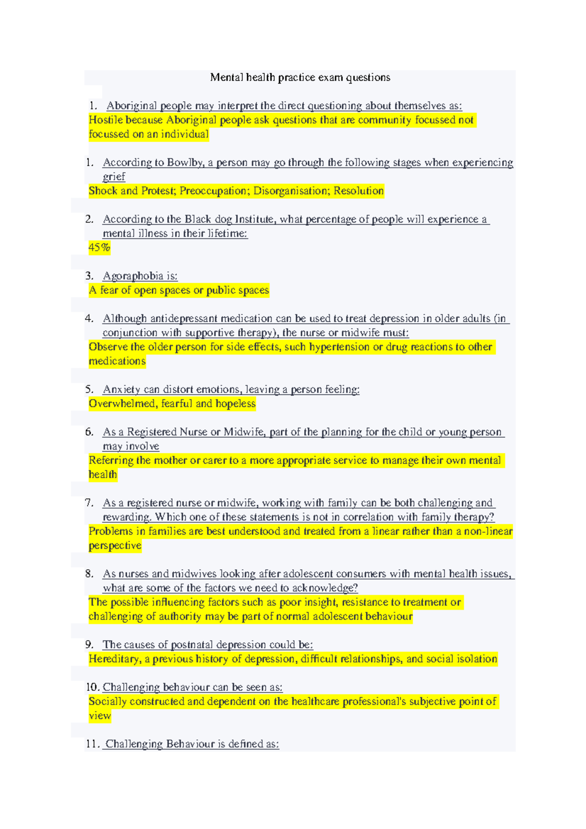 Mental Health Practice Exam MCQs: Key Questions & Answers - Studocu