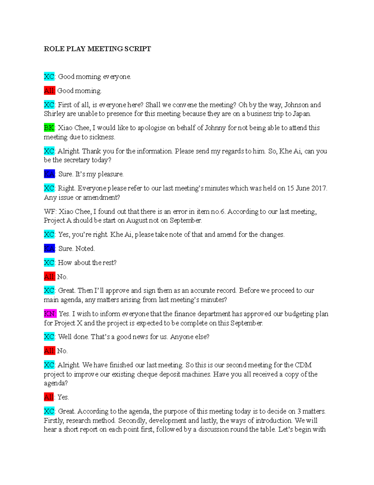 ROLE PLAY Meeting Script 3 - ROLE PLAY MEETING SCRIPT XC: Good morning ...