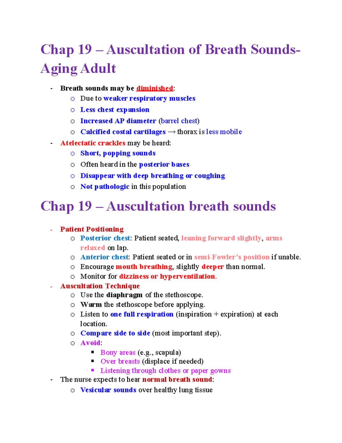 Chapter 19: Auscultation of Breath Sounds in Aging Adults - Studocu