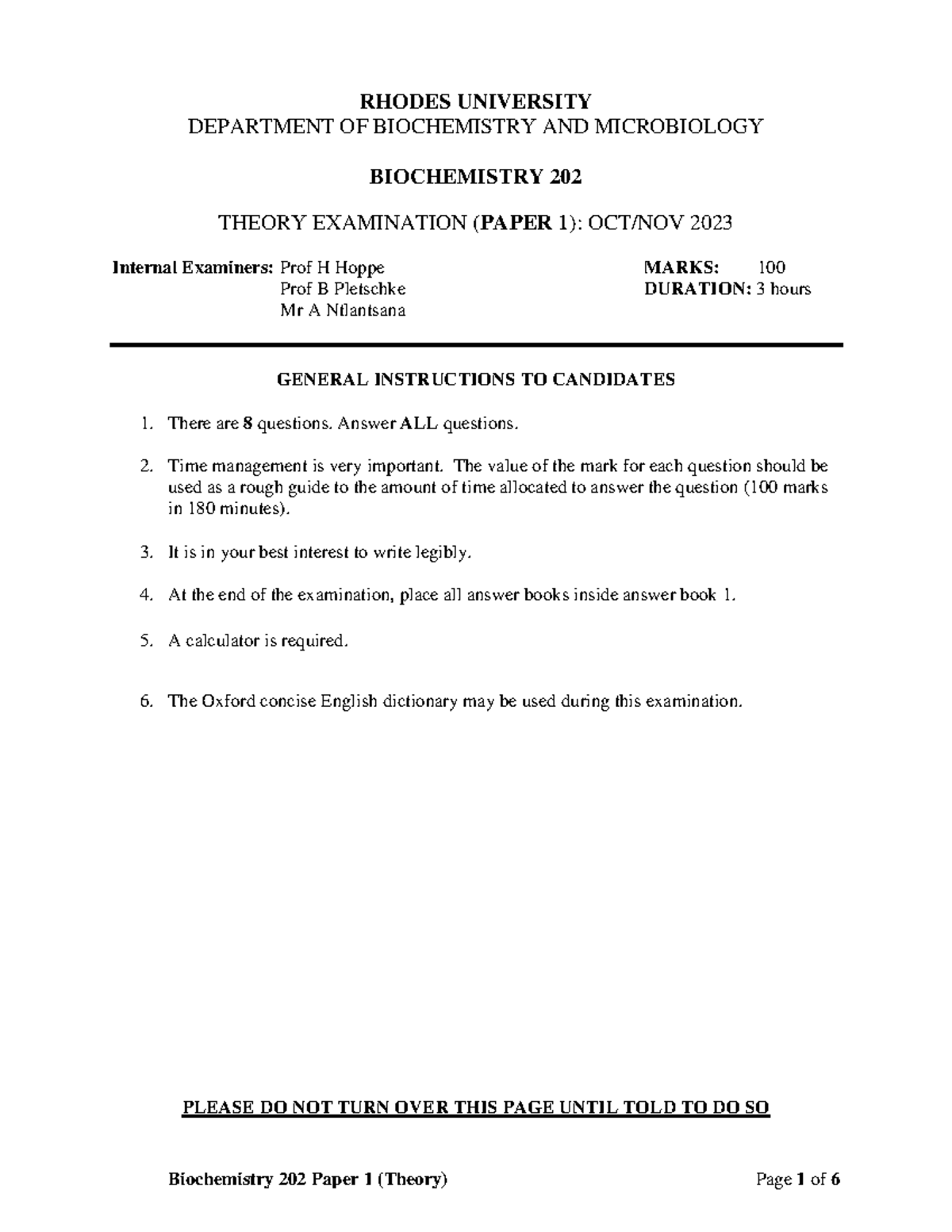 BCH 202 Theory Exam Paper 1: Biochemistry 202 - Nov 2023 - Studocu