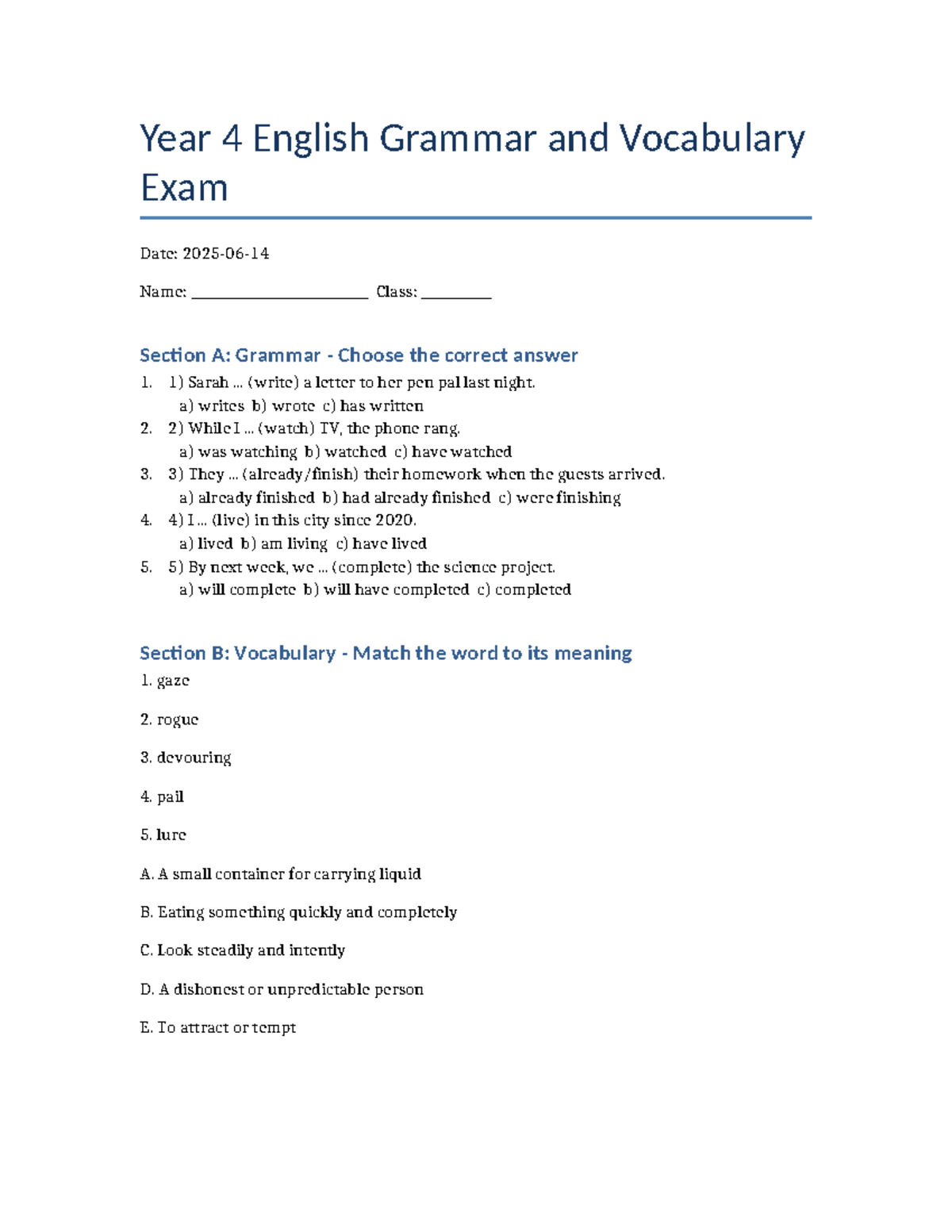Y4 English Extra Exam - Grammar & Vocabulary Practice - Studocu