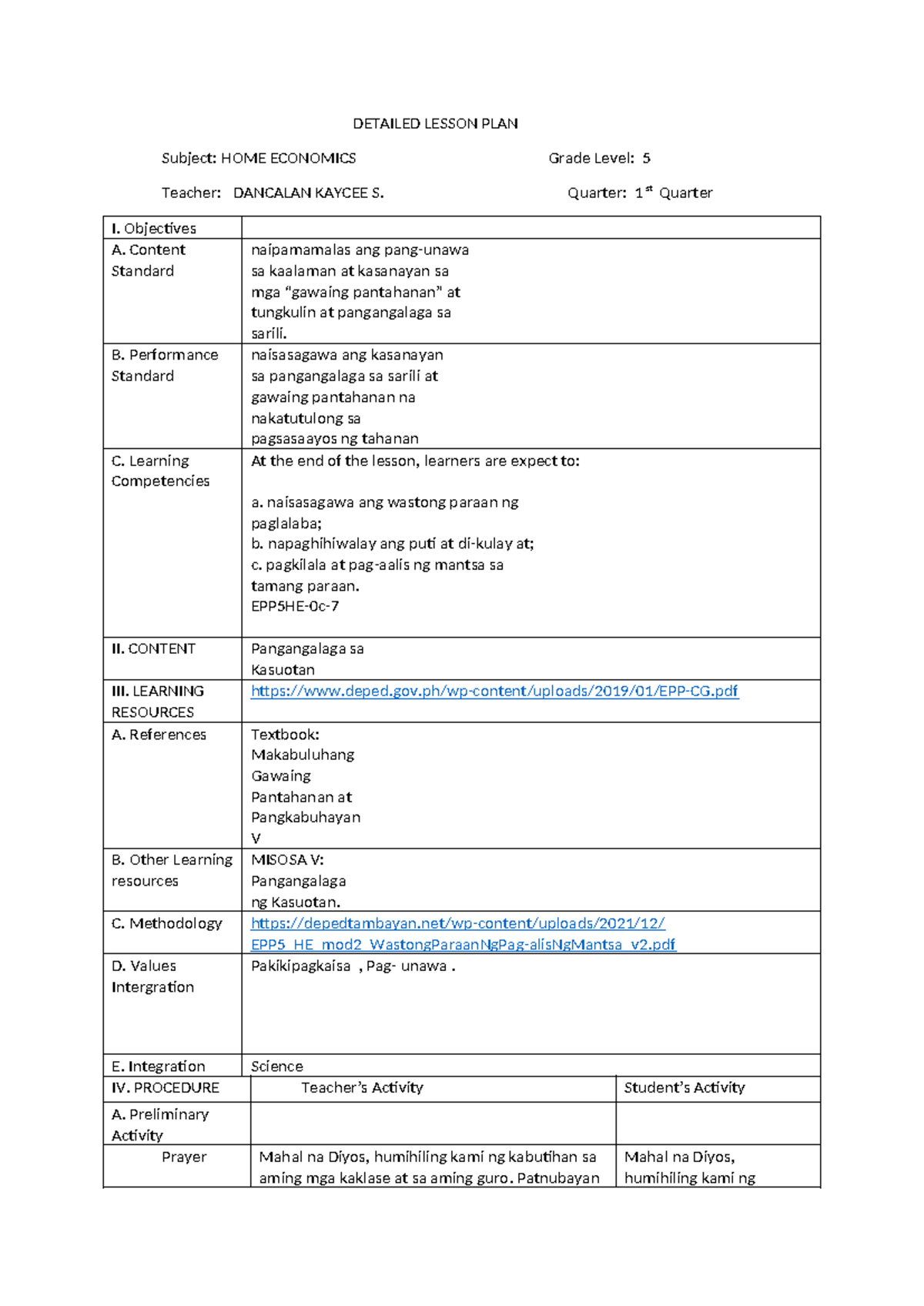 Detailed Lesson Plan for Home Economics EPP-5 1st Quarter - Studocu