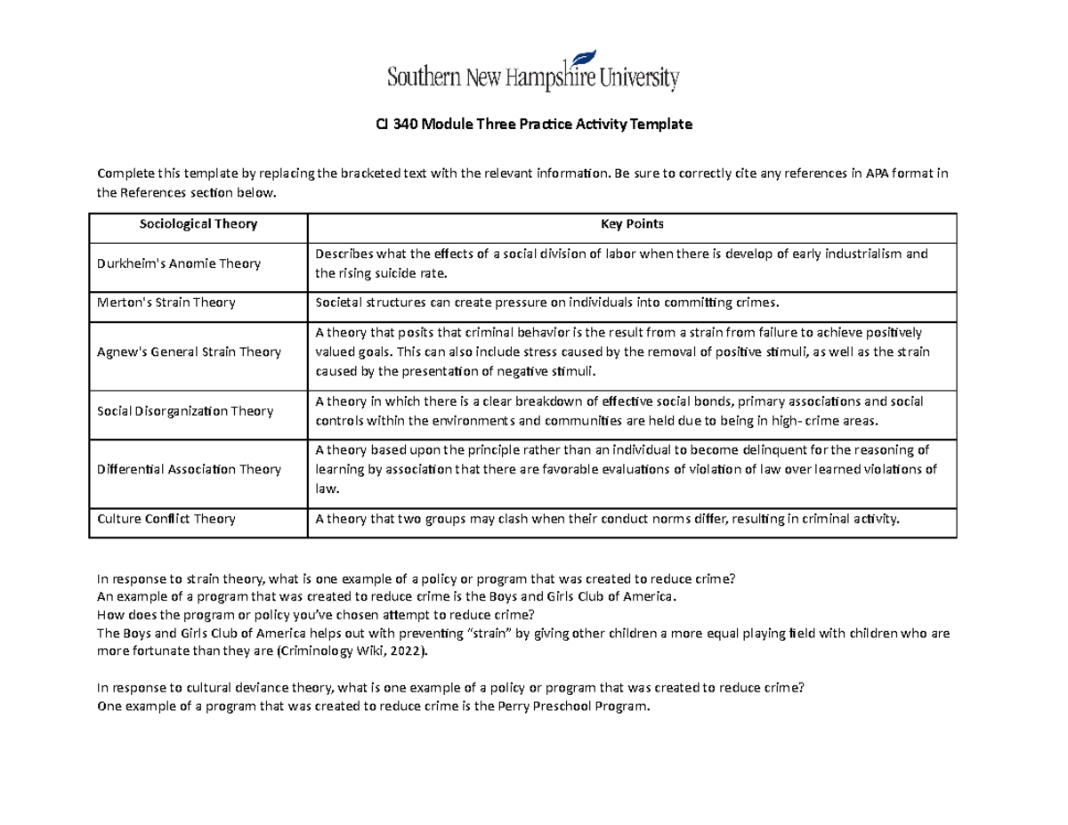 CJ 340 Module 3 Sociological Theories Practice Activity - Studocu