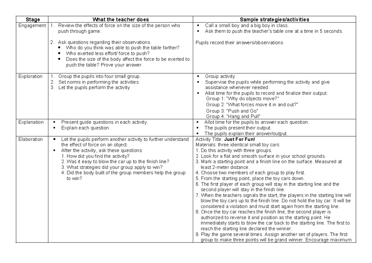 5-Es Lesson Plan: Understanding Force Through Engaging Activities - Studocu