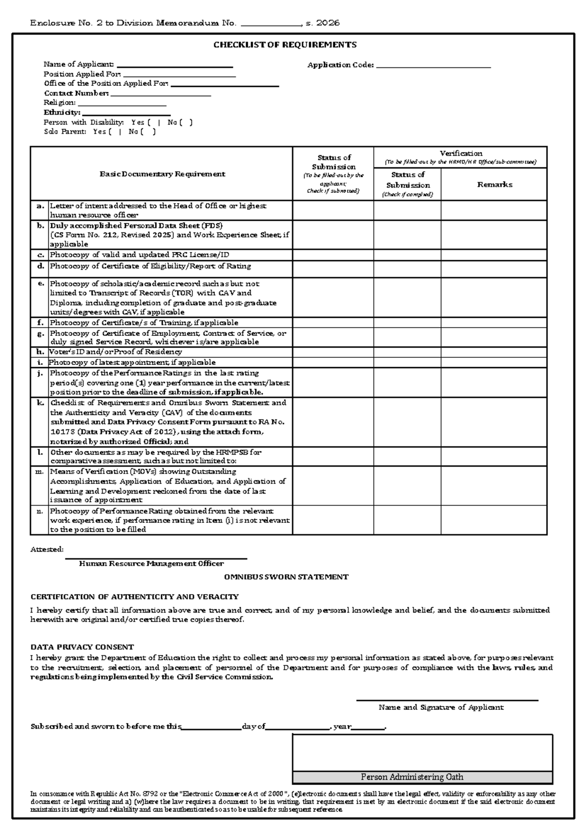Checklist of Requirements for Teacher 1 Application RQA 2026-2027 - Studocu