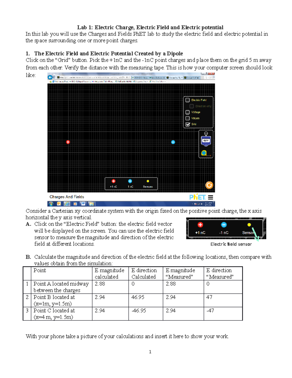 Lab 1: Analyzing Electric Charge, Field & Potential with PhET - Studocu