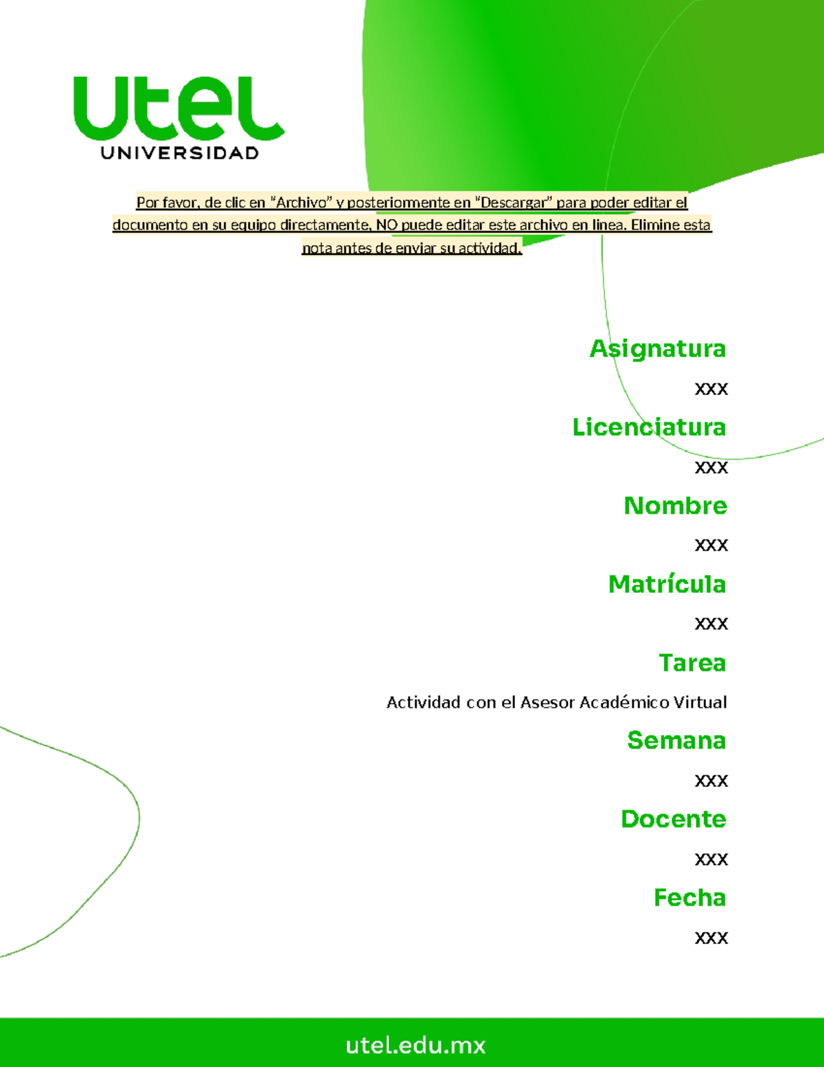 Formato Utel (plus) para la entrega de actividades - Por favor, de clic ...