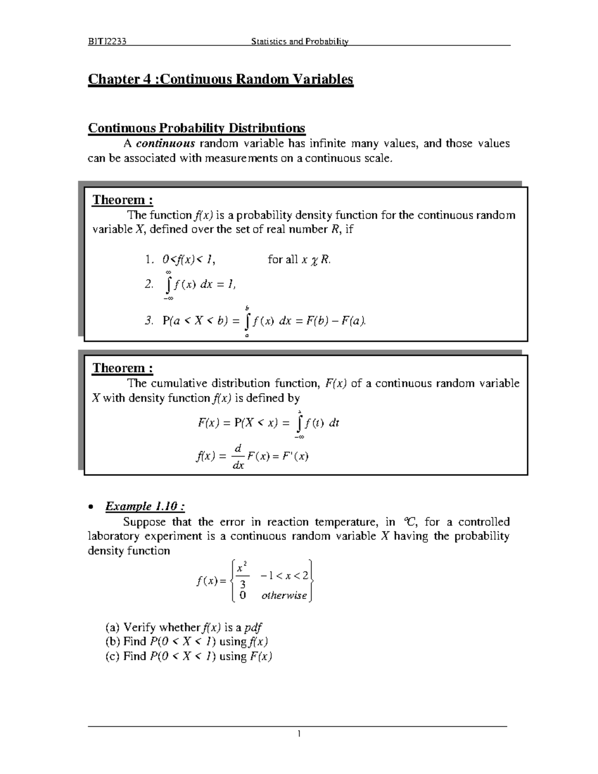 Chapter 4 1 - TAKE - Chapter 4 :Continuous Random Variables Continuous Probability Distributions ...