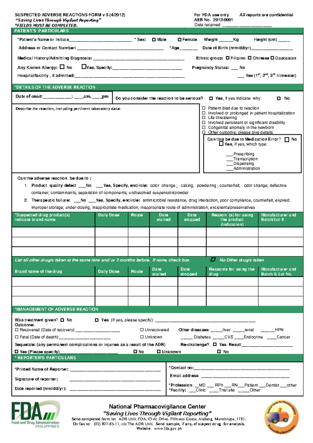 FDA-ADR-Form, Pharmaceutical - National Pharmacovigilance Center ...