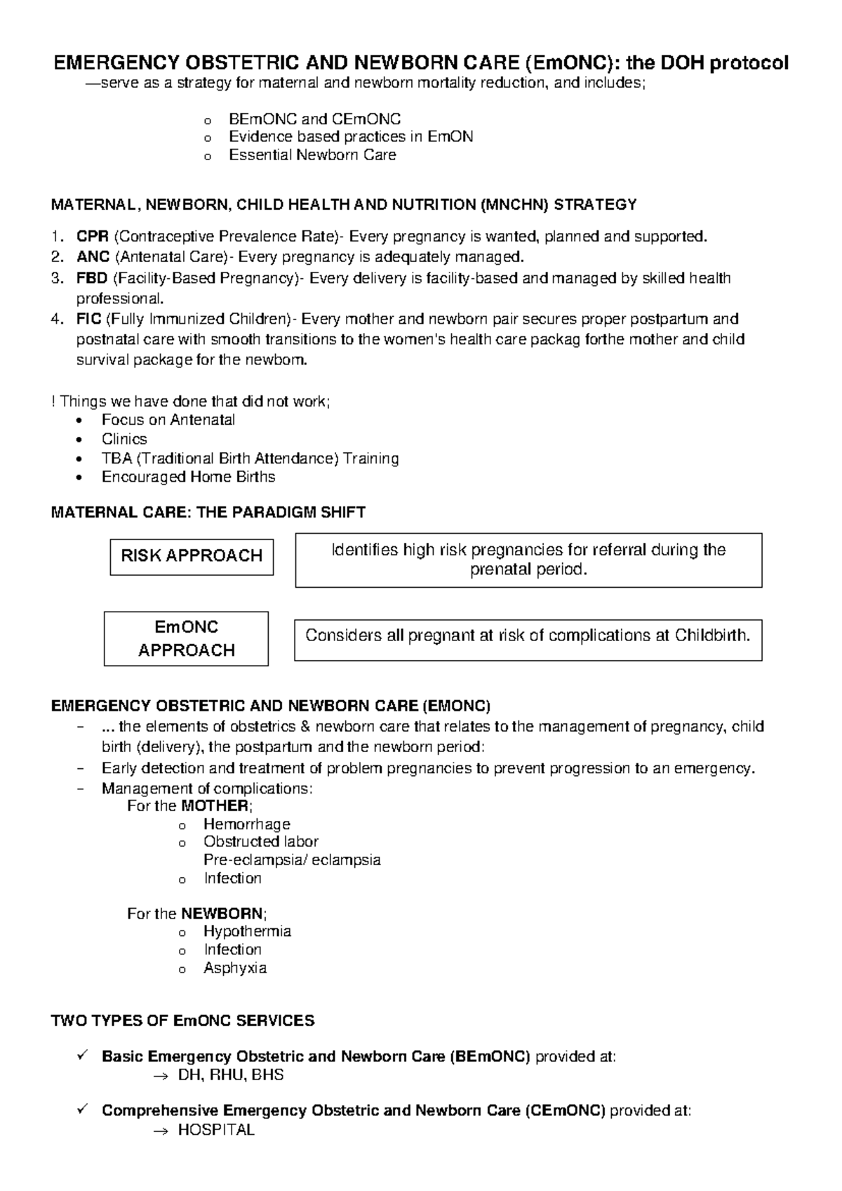 BEmONC: Strategies for Maternal and Newborn Care Improvement - Studocu