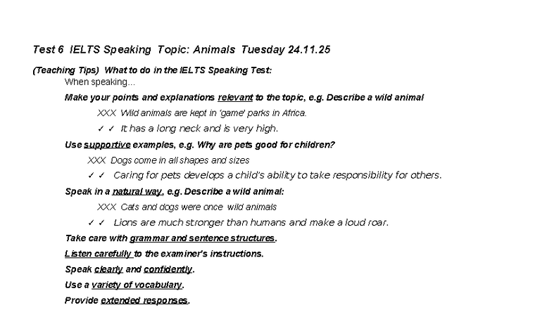Test 6 IELTS Speaking: Animals Tips & Sample Answers - Studocu