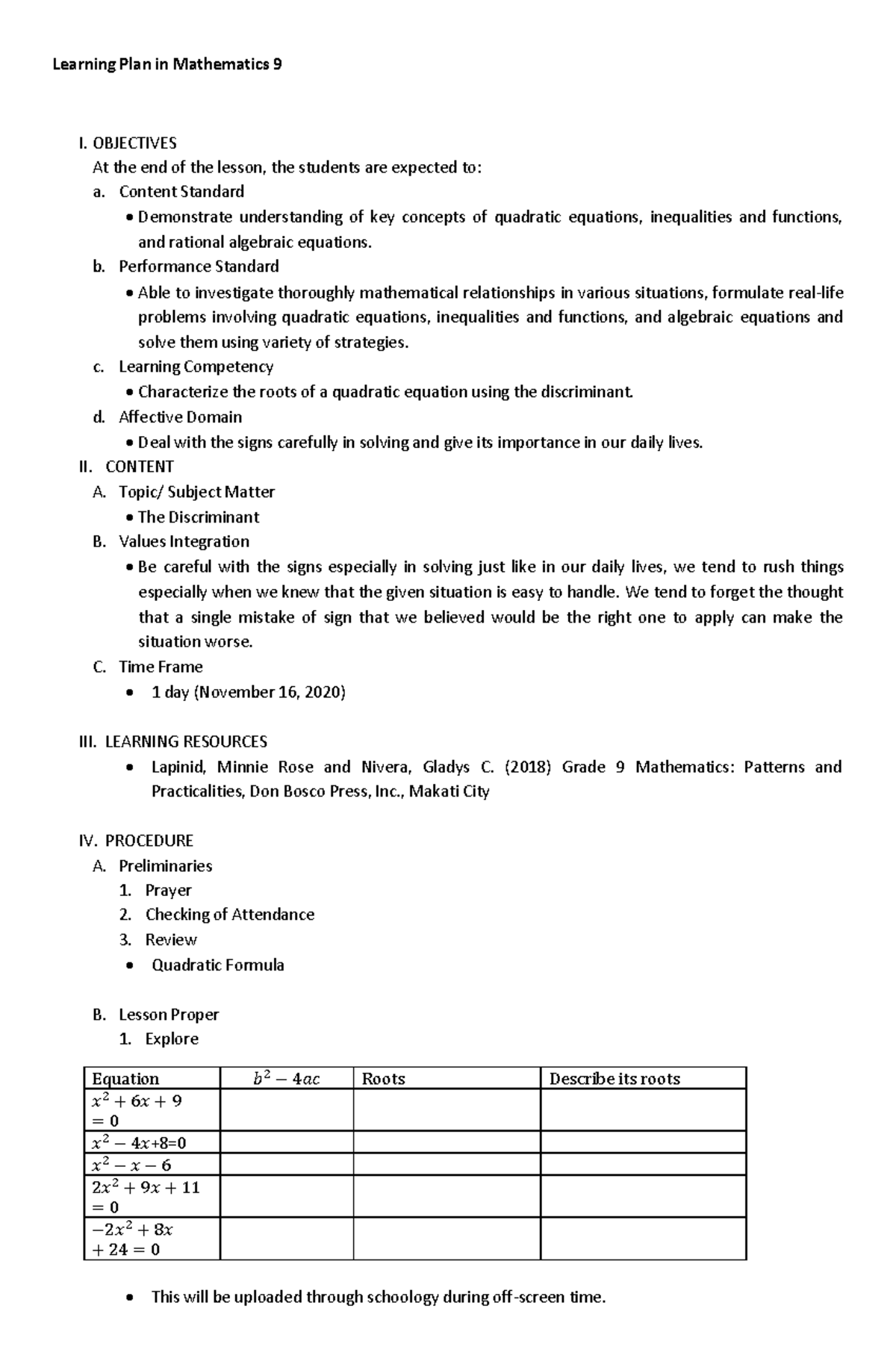 Grade 9 Math lesson plan - Learning Plan in Mathematics 9 I. OBJECTIVES ...