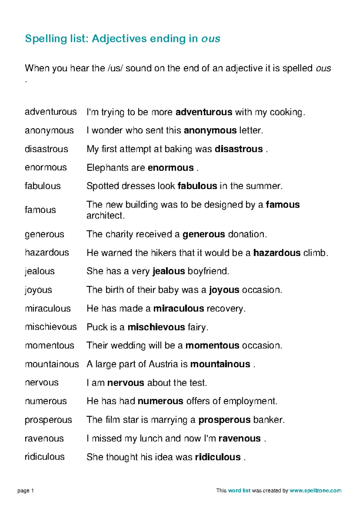 Adjectives Ending in -ous: Spelling List for Homework - Studocu