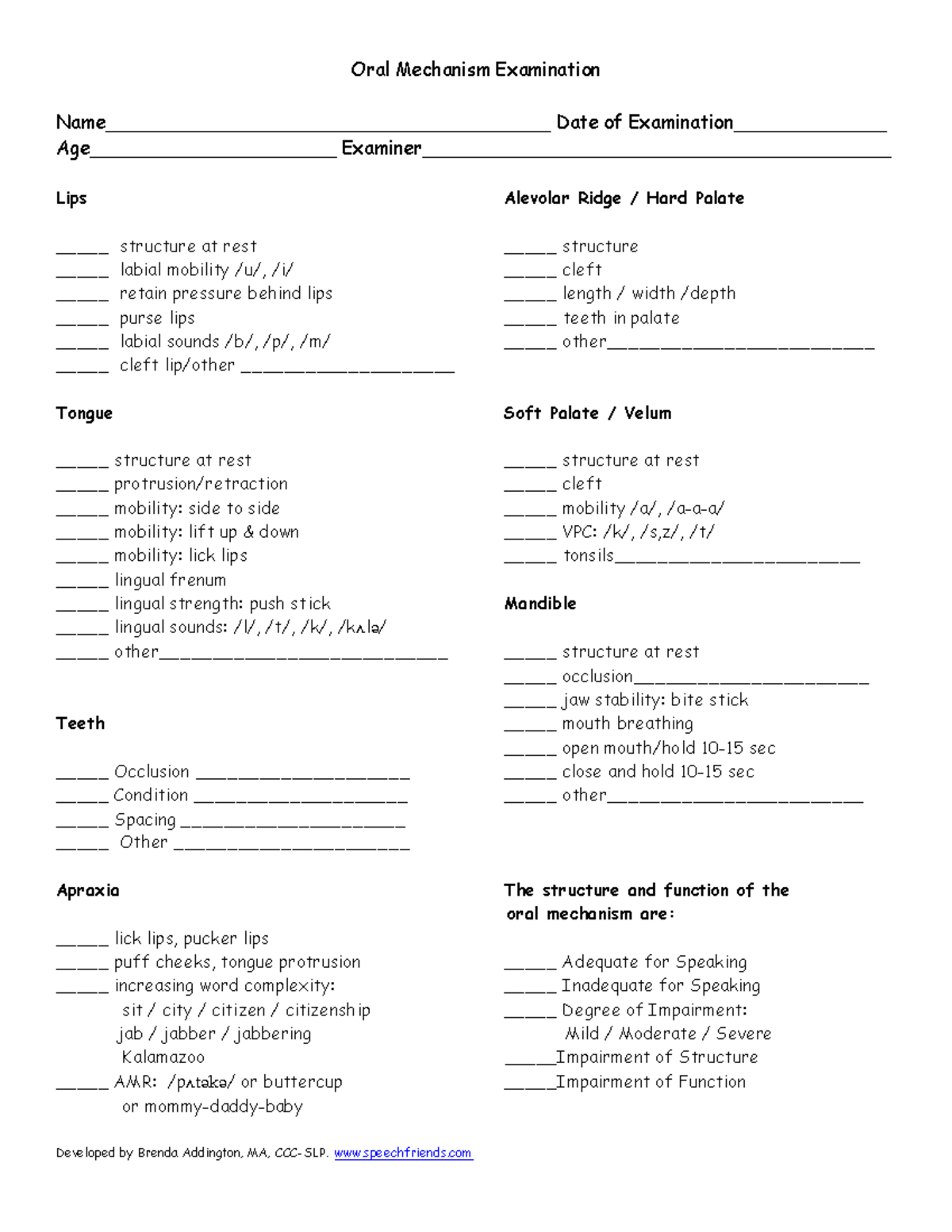 Oral Mechanism Evaluation Form for Speech Therapy Assessment (SPE 101 ...