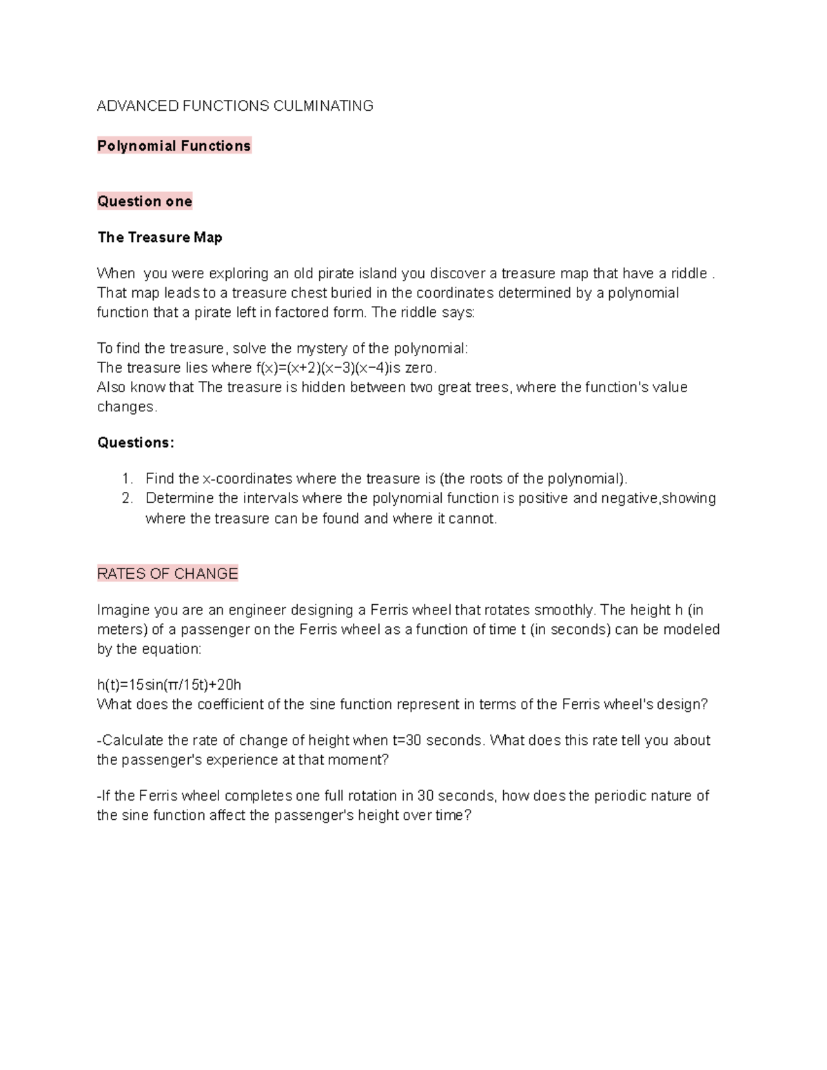 200 Advanced Functions Culminating#1 - ADVANCED FUNCTIONS CULMINATING ...