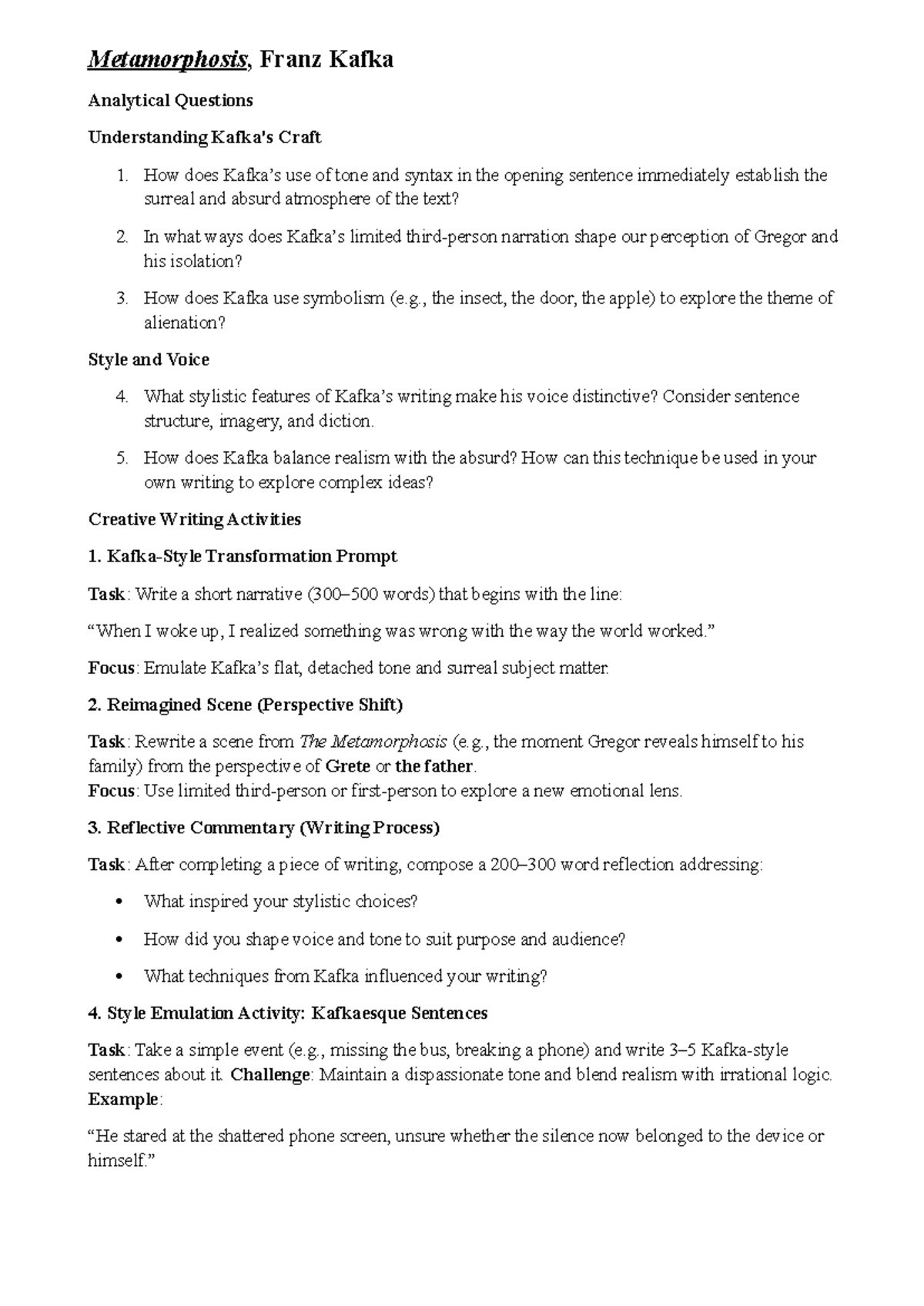 Metamorphosis (ENG 101) - Analytical Questions & Creative Writing Tasks ...