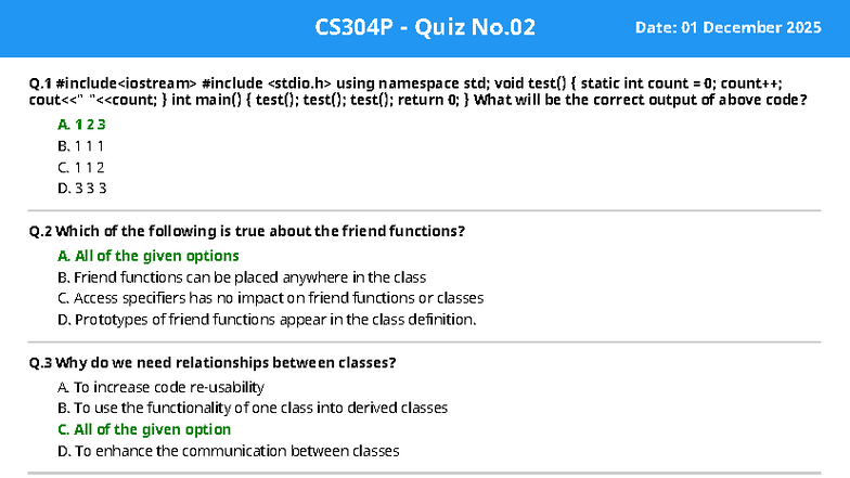 CS304P Quiz No.02 - C++ Concepts and Static Members - Studocu