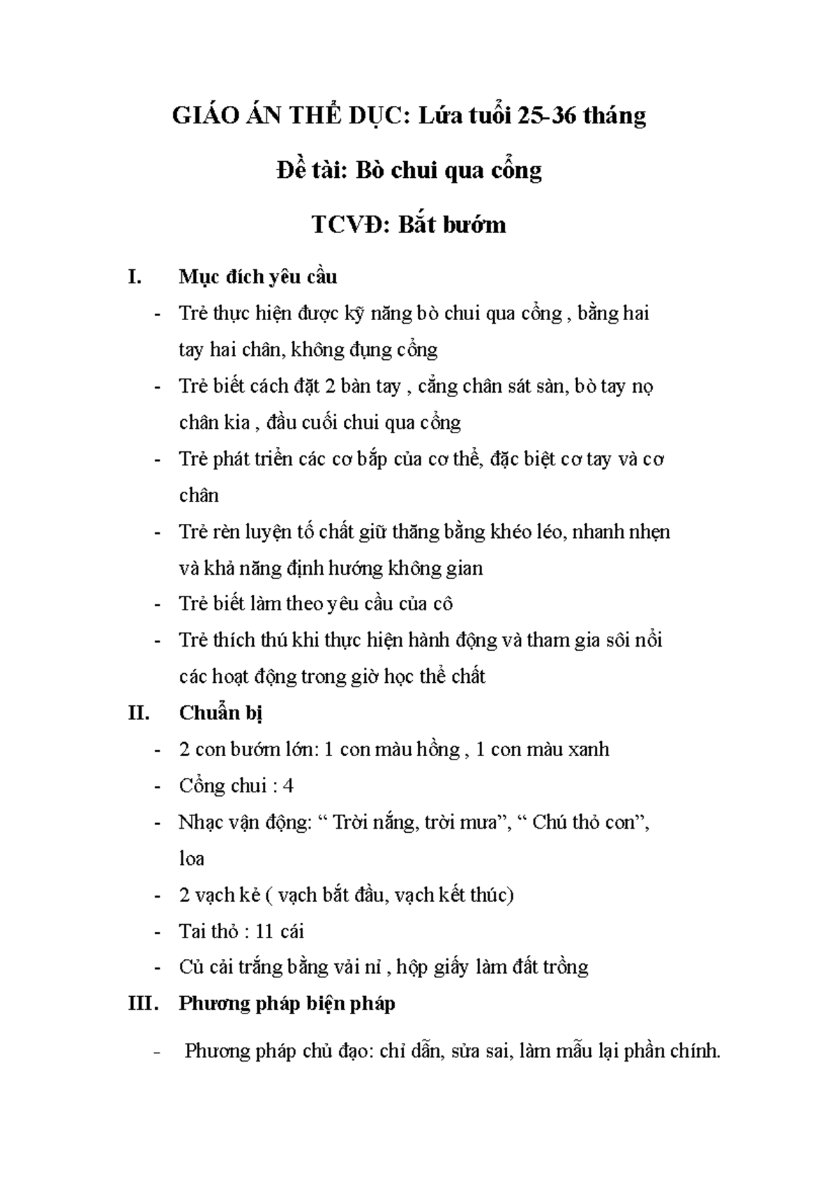 GIÁO ÁN THỂ DỤC TRẺ 25-36: Bò Chui Qua Cổng - Studocu