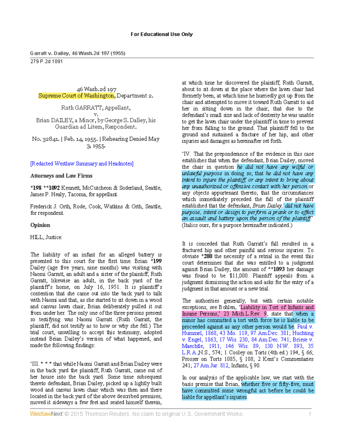 Garratt v. Dailey: Tort Law Case Analysis (46 Wash.2d 197, 1955) - Studocu