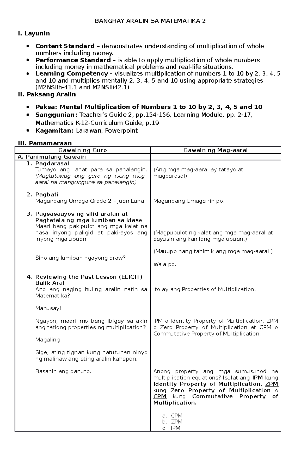 Multiplication Lesson Plan for Grade 2 (DLP) - Studocu