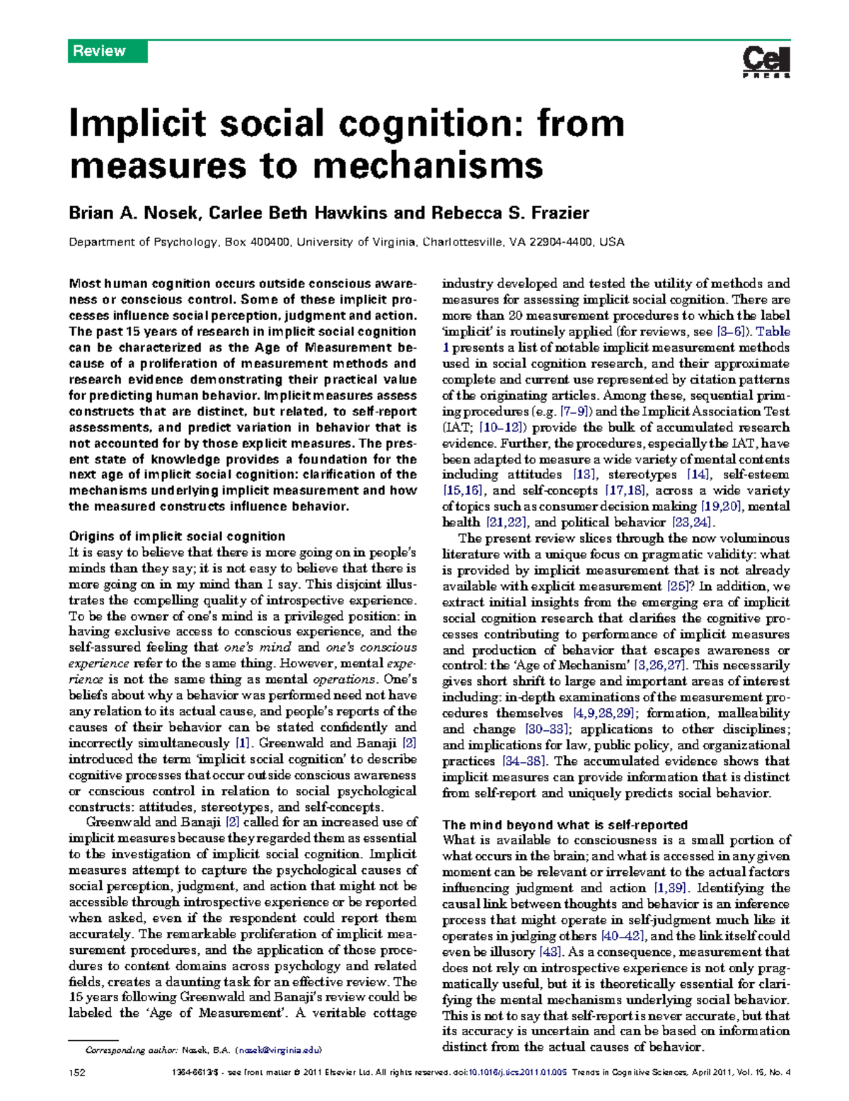 Implicit Social Cognition: From Measurement to Mechanisms (PSYC 2011 ...