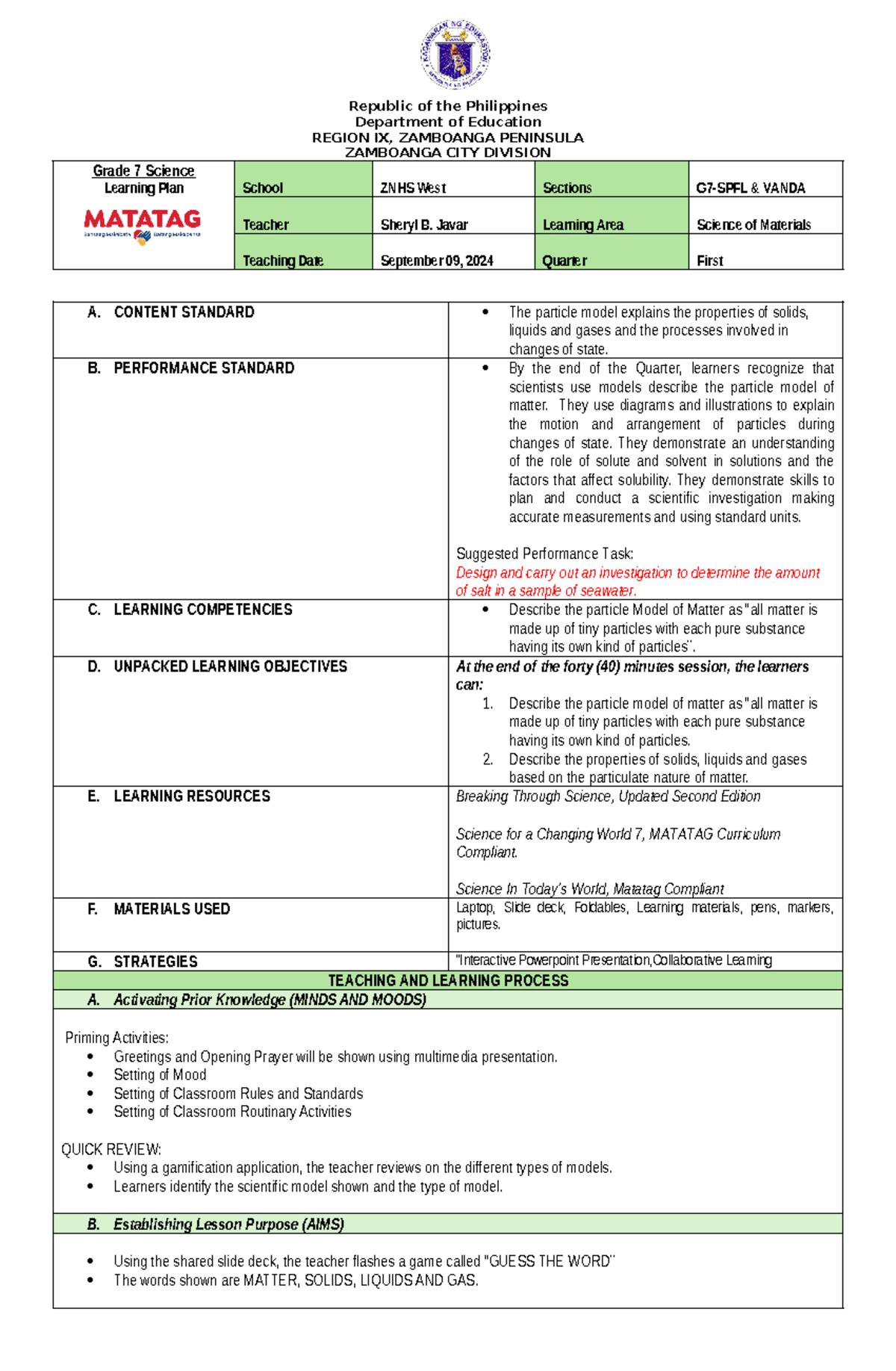 Lesson Plan: Particle Nature of Matter for Grade 7 Science (G7-SPFL ...
