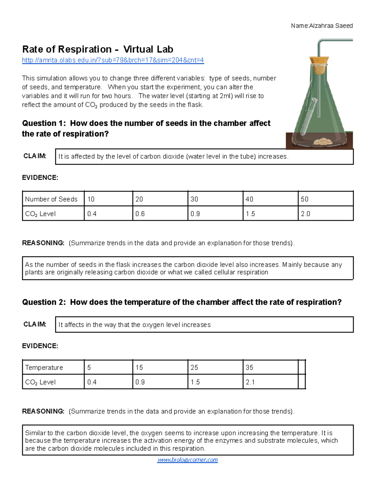 Virtual Lab - Rate of Respiration Analysis (Biology 101) - Studocu
