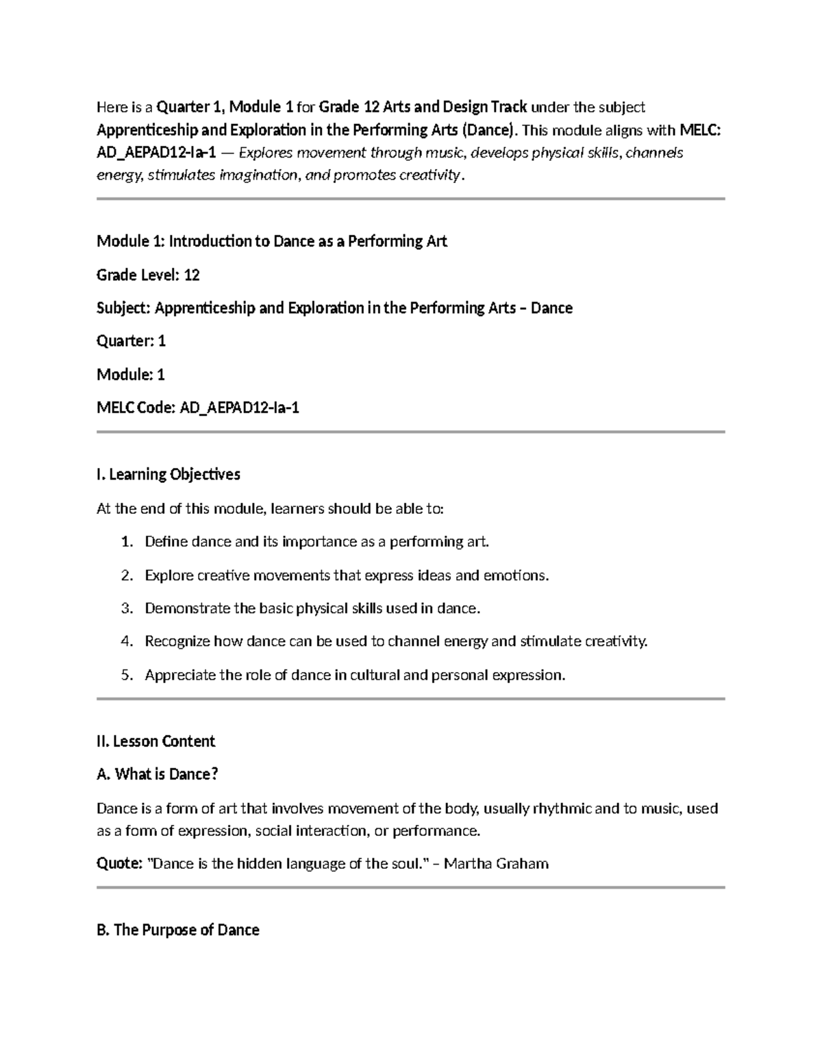 QI M1 Dance: Introduction to Dance as a Performing Art Notes - Studocu