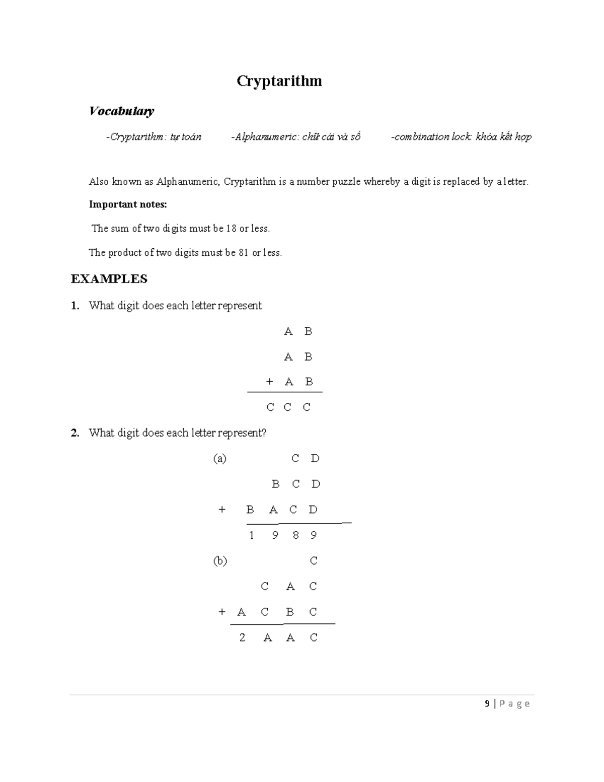 Cryptarithm - Revision Notes for A Number Puzzle - Studocu