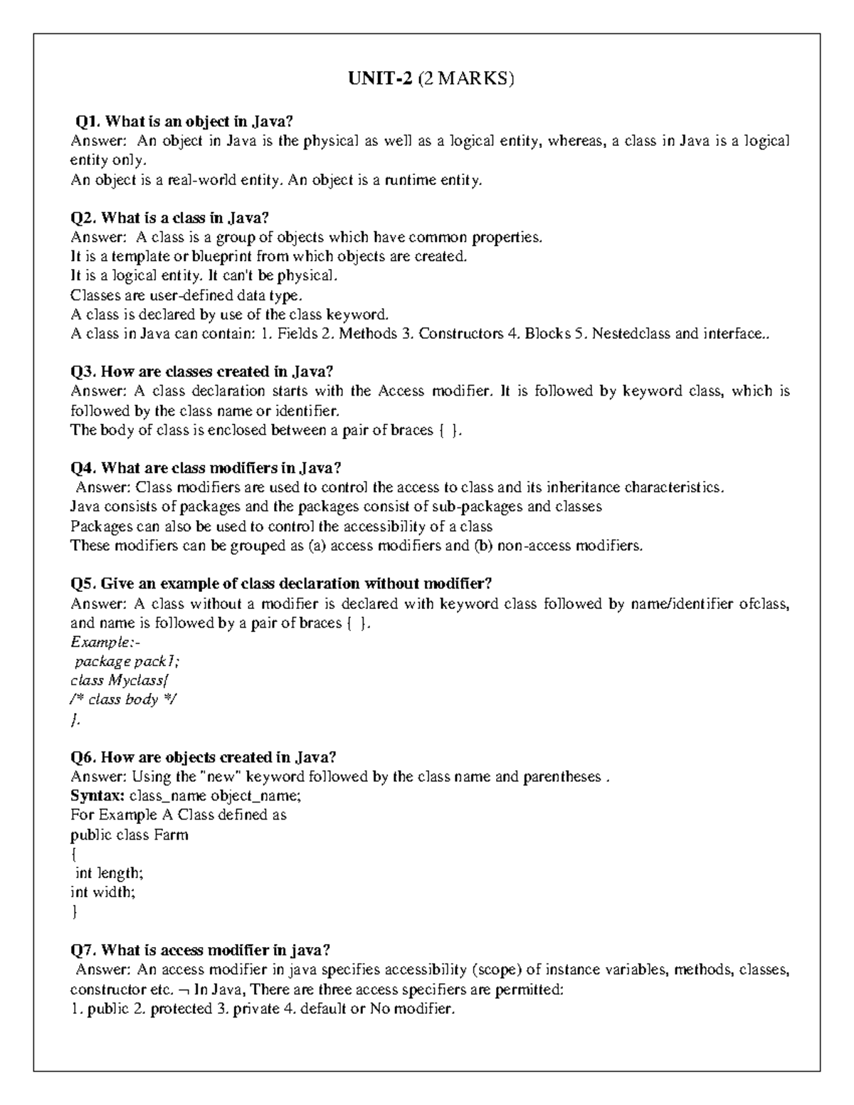 JAVA UNIT-2: Object and Class Concepts Explained (2 Marks) - Studocu